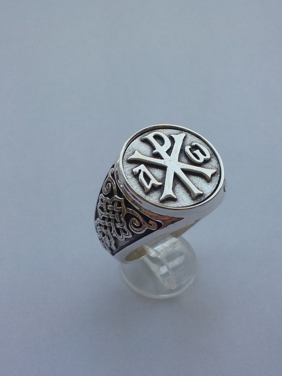 Alpha and Omega Chi-rho Sterling Silver Ring Men Christian