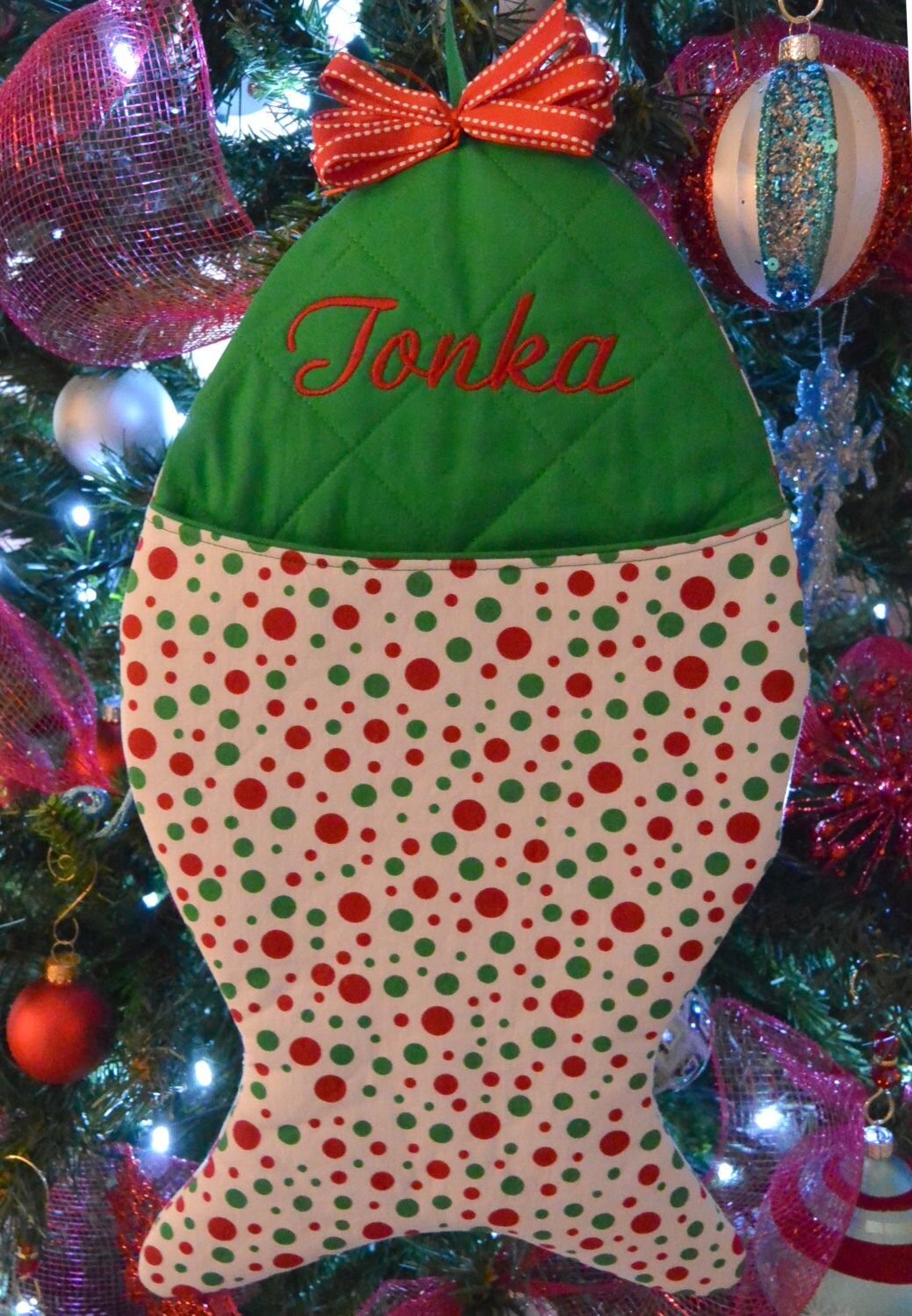 Cat Christmas Stocking Fish Shaped Personalized Polka Dot