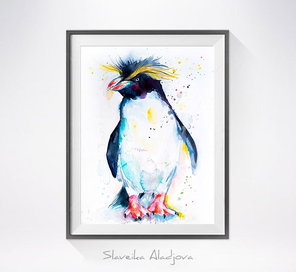 Rockhopper penguin watercolor painting print Penguin by SlaviART