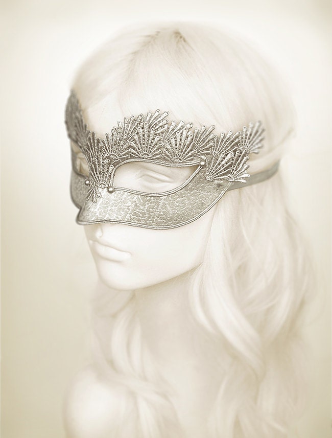 Pure Silver Lace Masquerade Mask With Brocade Fabric