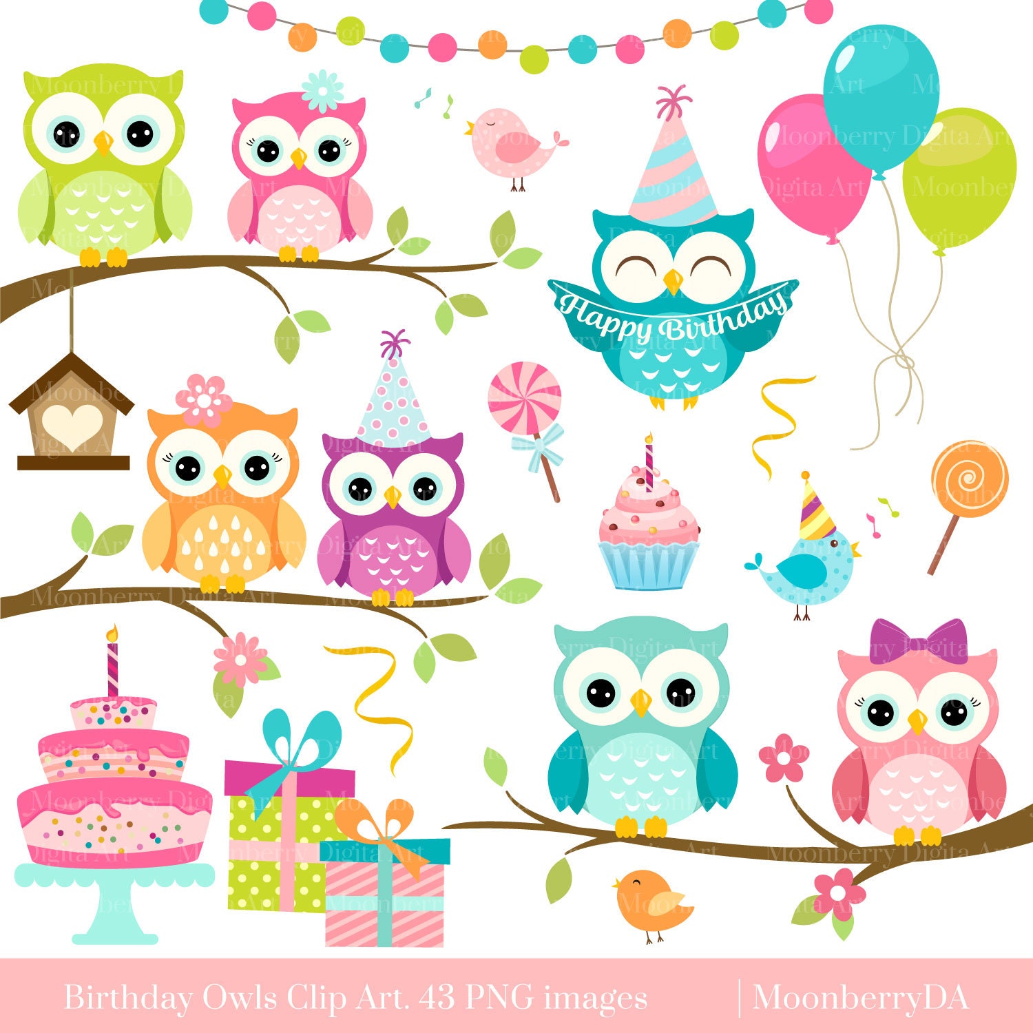 Owls Clipart 'BIRTHDAY OWLS' Clip Art. Digital Owls
