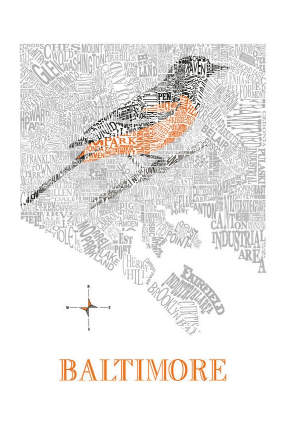 Baltimore Neighborhood Map with Oriole 11x14in Print