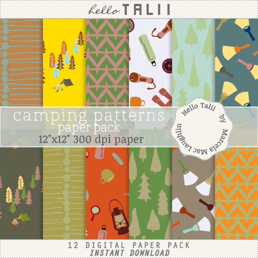 Camping Digital Paper HAPPY CAMPER PAPER Summer Camp by HelloTalii