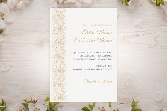 DIY Printable 5x7 Wedding Invitation Template Gold Heart