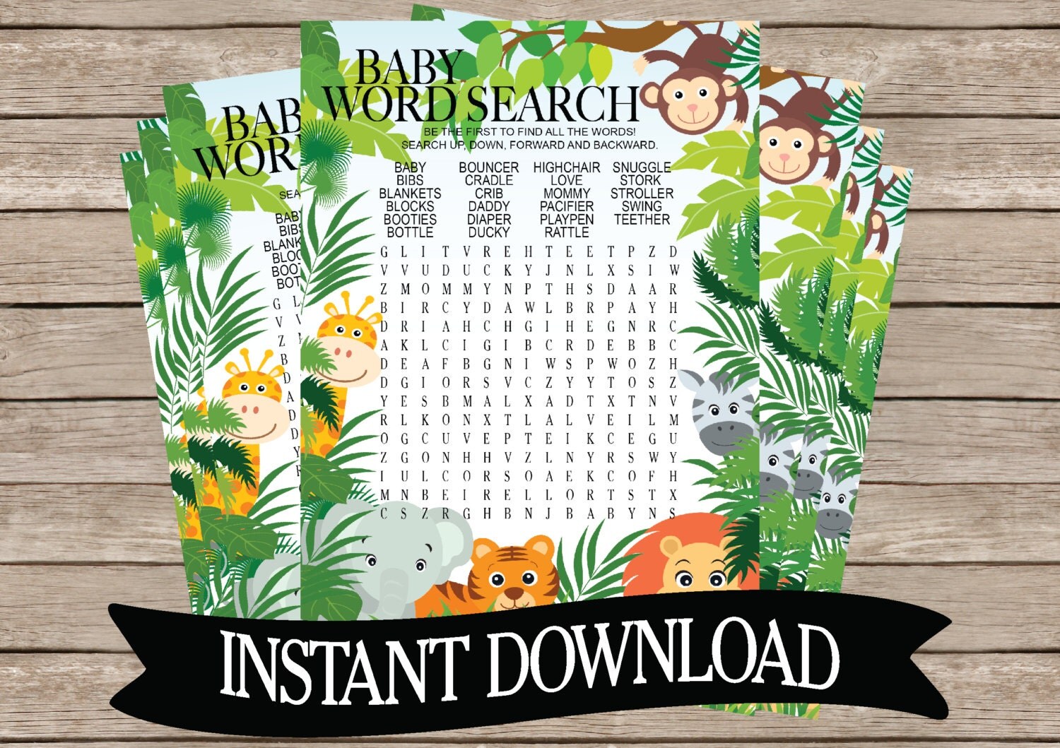 SAFARI ANIMALS Word Search Baby Shower Game Instant Download