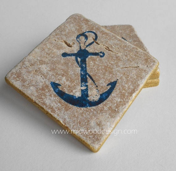 Navy blue anchor nautical stone tile coaster set of 4