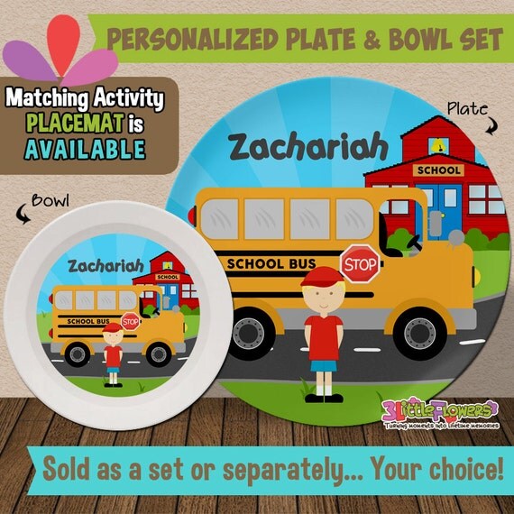 Personalized School Bus Plate and Bowl Set by 3littleflowers