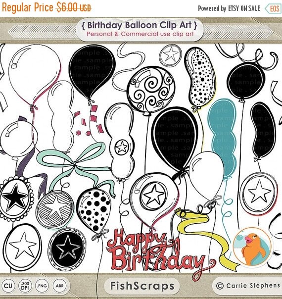 50% SALE Birthday Balloons ClipArt Birthday Party by FishScraps