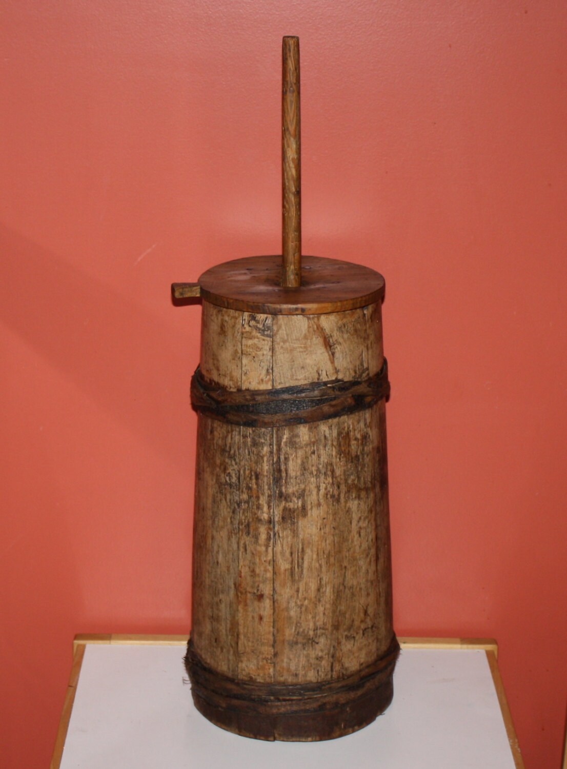 Antique Staved Wooden Country Butter Churn with Wooden Bands