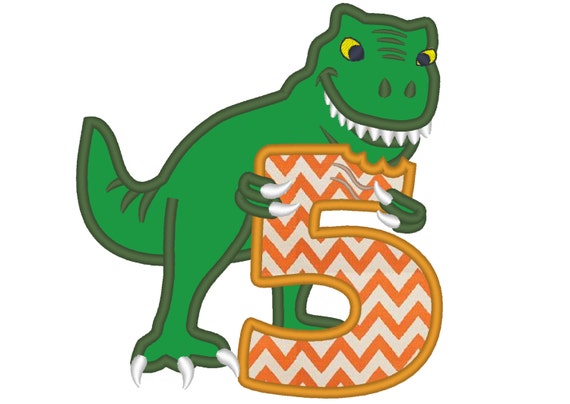 T-rex dinosaur Birthday number FIVE 5 machine embroidery