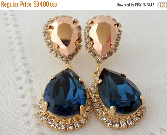 SALE Navy blue and rose gold Chandelier earrings, Drop earrings, Dangle ...