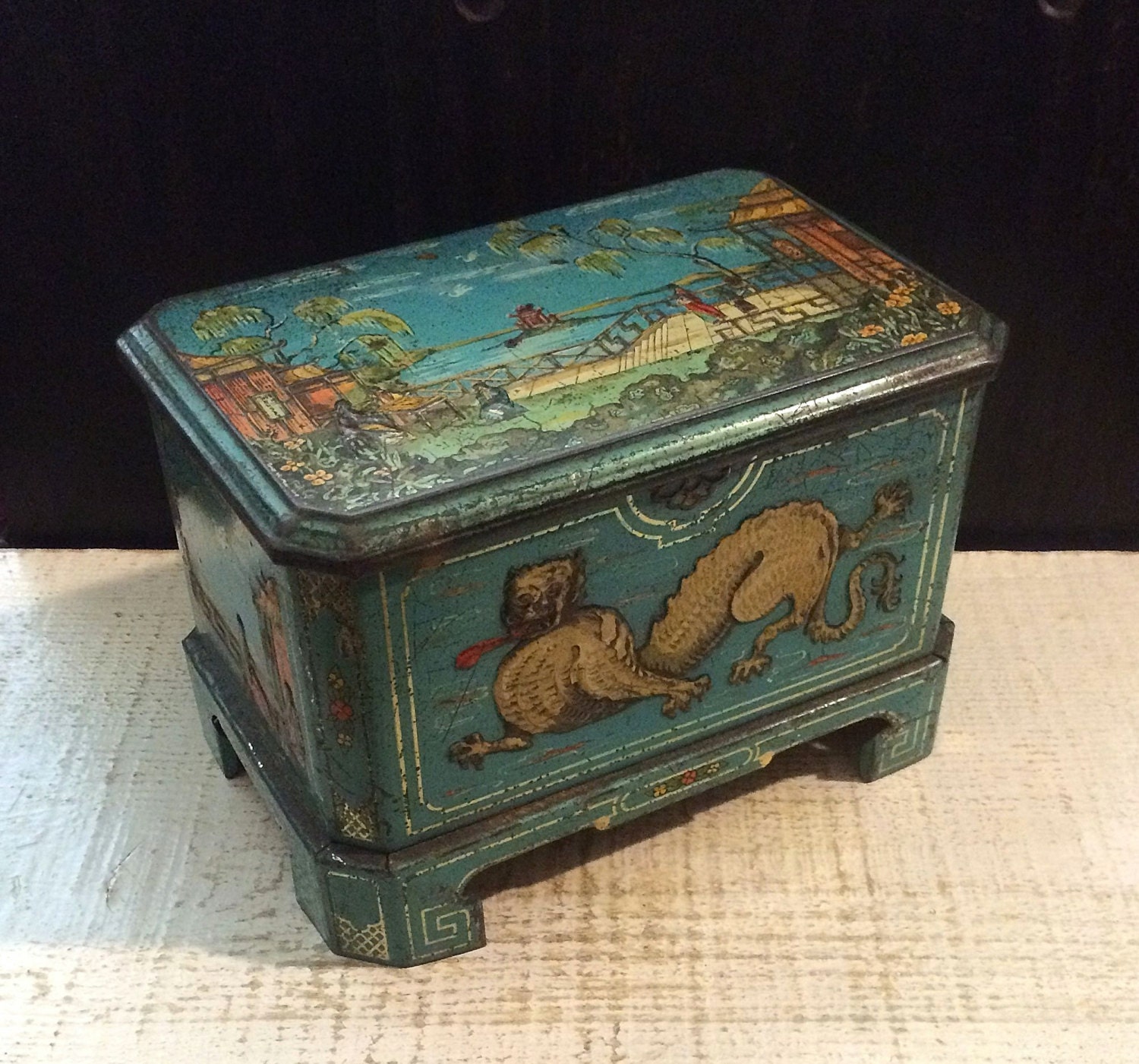 Asian Treasure Chest, Biscuit Tin, Small Antique Trunk, Dragon, Antique ...