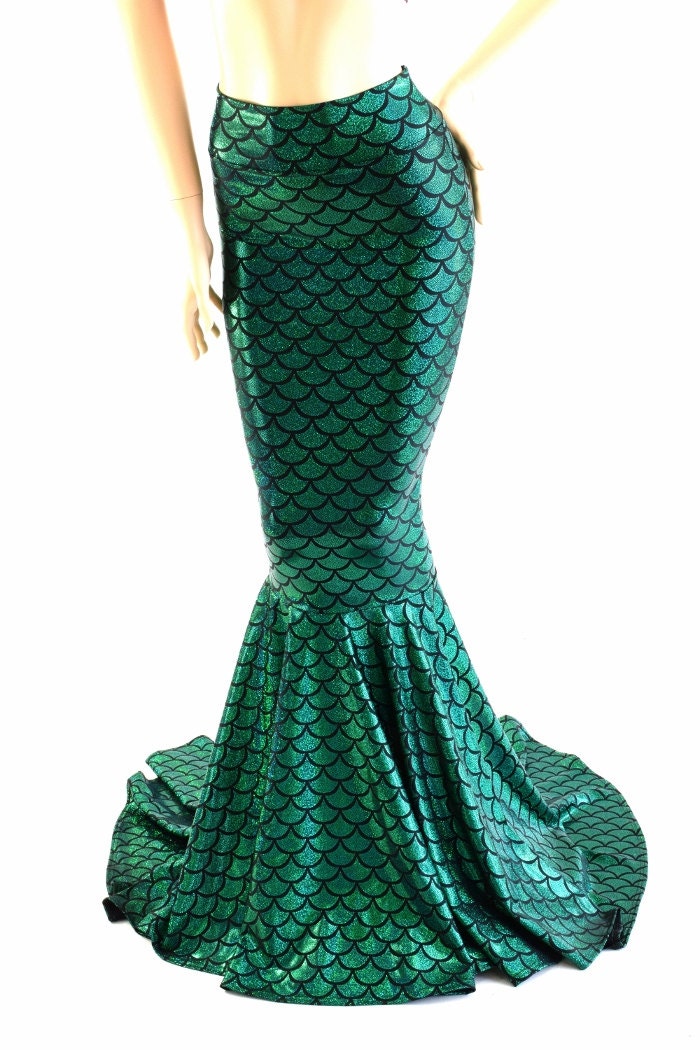 High Waist Mermaid Skirt with Puddle Train in Sparkling Green