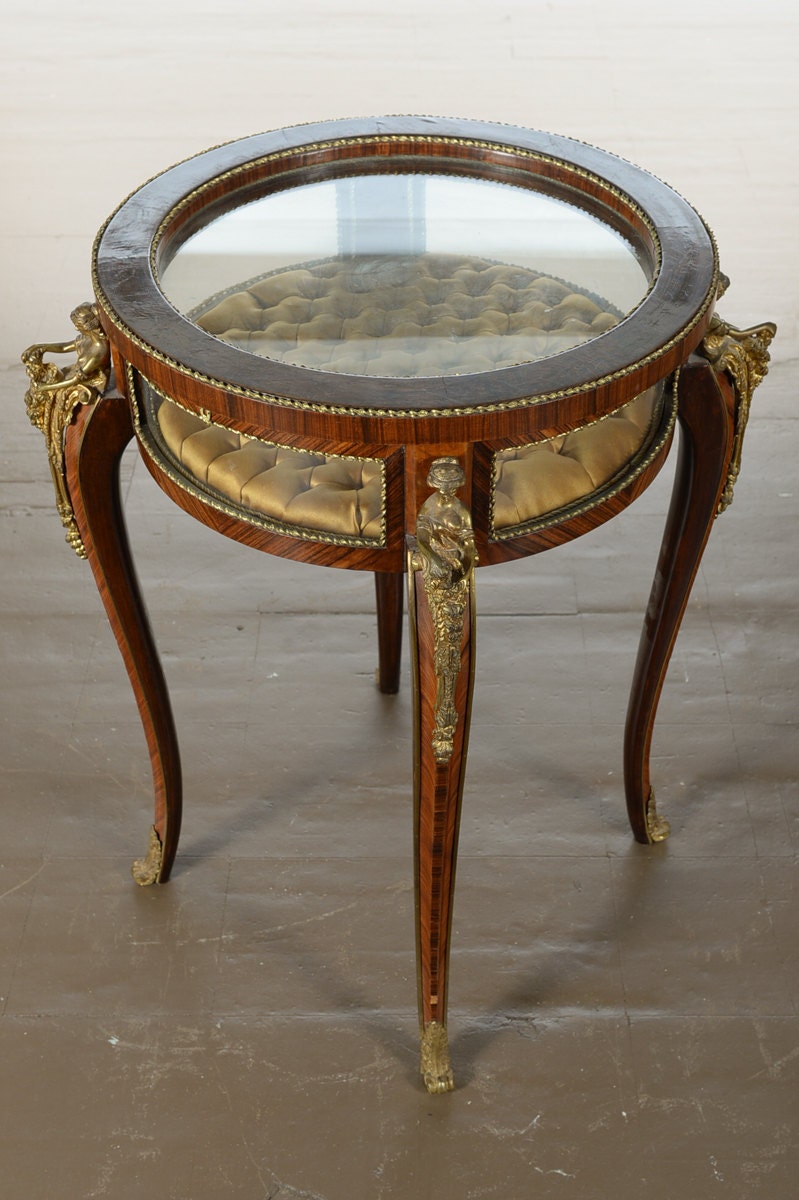 19th c. French Luis XIV Mahogany & Bronze “Lift Top” Bouillotte Round ...