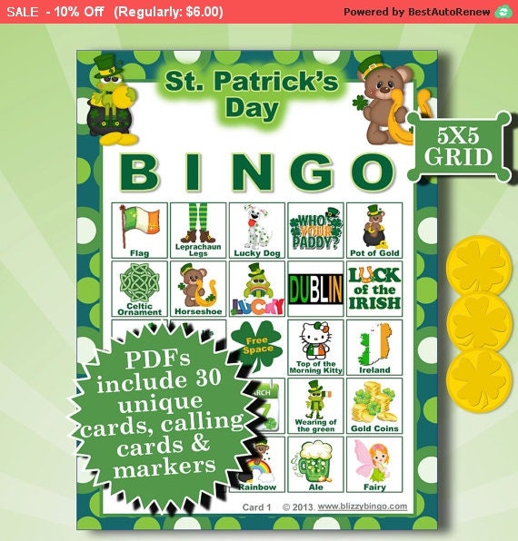 ST. PATRICK'S DAY 5x5 Bingo printable PDFs contain by BlizzyBingo