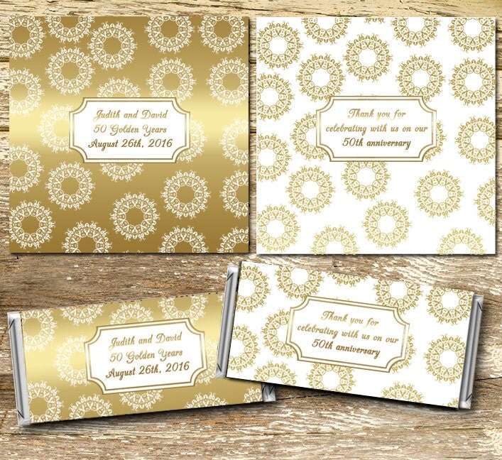 Full Sized Candy Wrappers White and Gold Wedding 50th