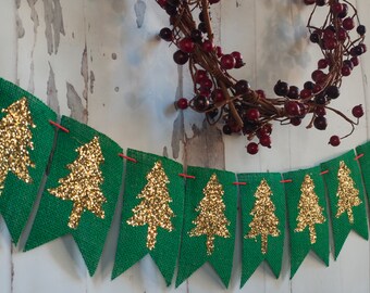 Red & Green Merry Christmas Banner Christmas Burlap Banner