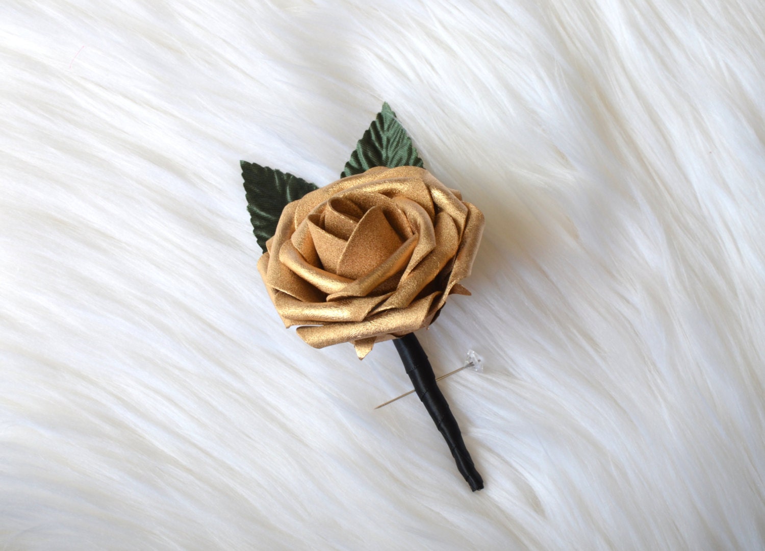 GOLD BOUTONNIERE. Wedding Single Rose & Ribbon Boutonniere