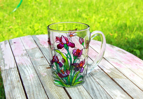 Stained Glass Irises Mug Coffee Mug Tiffany Style Hand