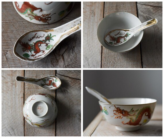 Vintage Chinese Porcelain Rice Bowl and Spoon by 5gardenias