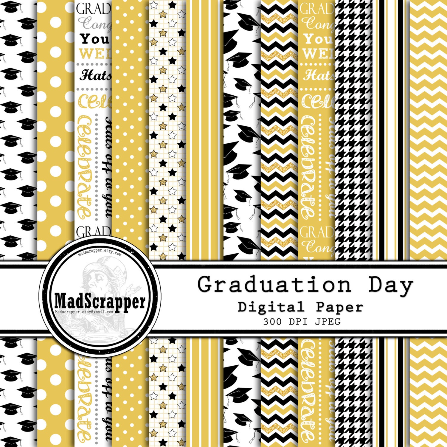 Digital Scrapbook Paper Graduation Day Black White Gold 12