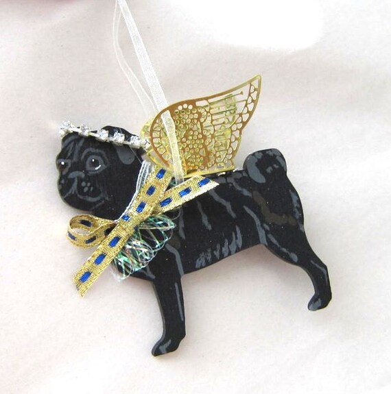 Hand-Painted PUG BLACK Metal Wing Angel Wood Christmas