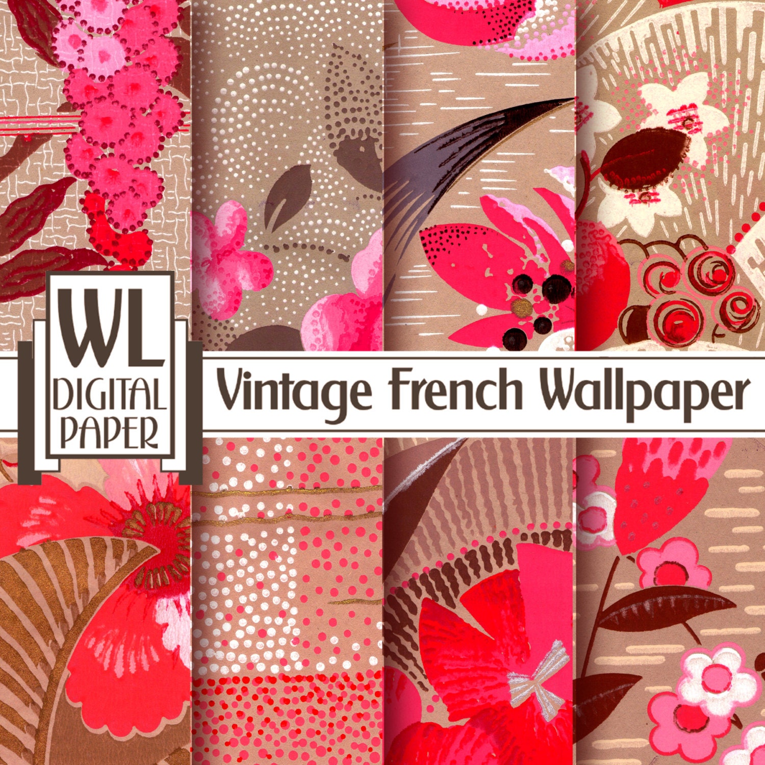 French Wallpaper digital papers 12x12 pink 1930s Art Deco