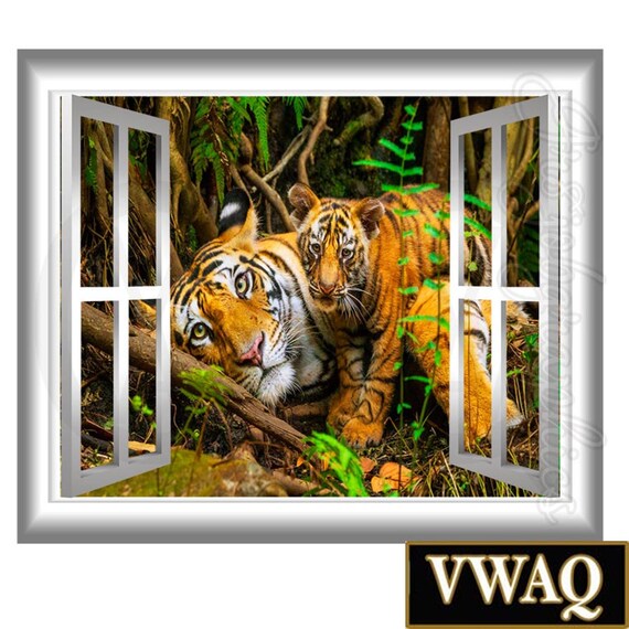 3D Window Wall Decal Tigers Wall Art Sticker Window Frame