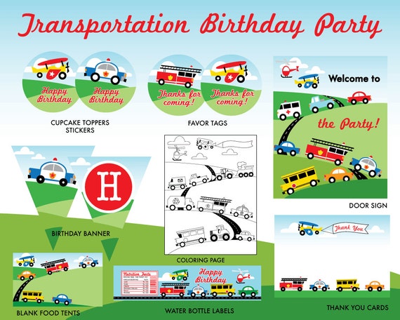 INSTANT DOWNLOAD Transportation Birthday Party Printables