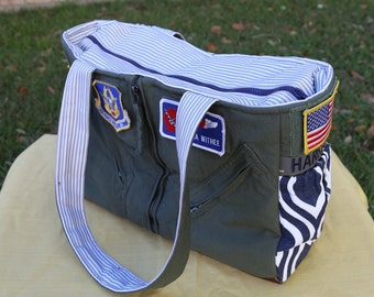 Custom flight suit diaper bags and purses by OurDelightfulChild