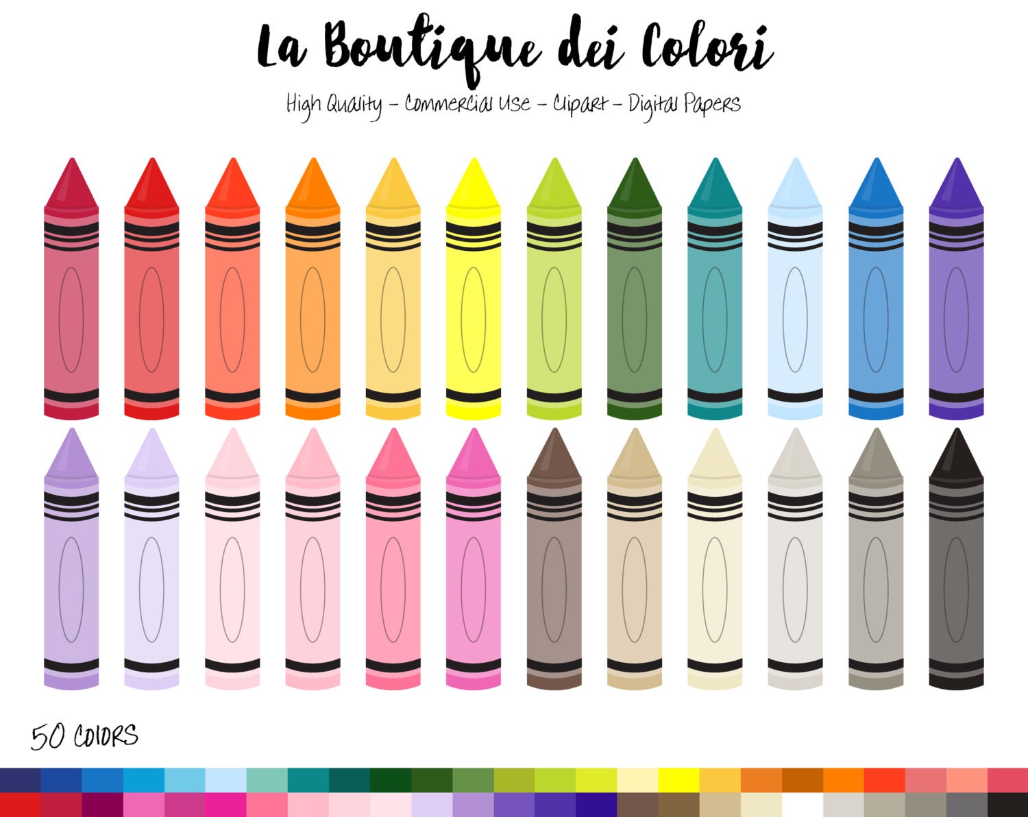 50 Rainbow Crayons Clipart Kids coloring pencil Digital