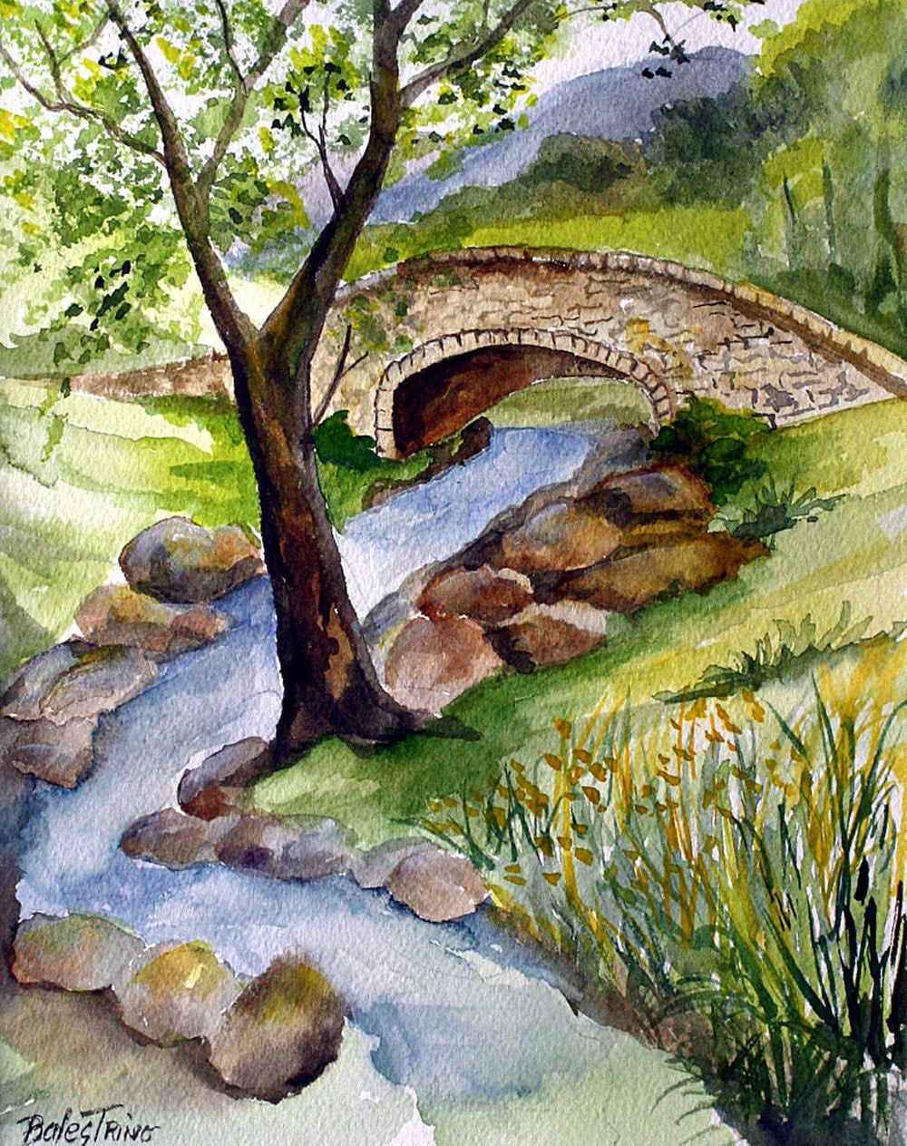 STONE BRIDGE Original Watercolor Country Watercolor River