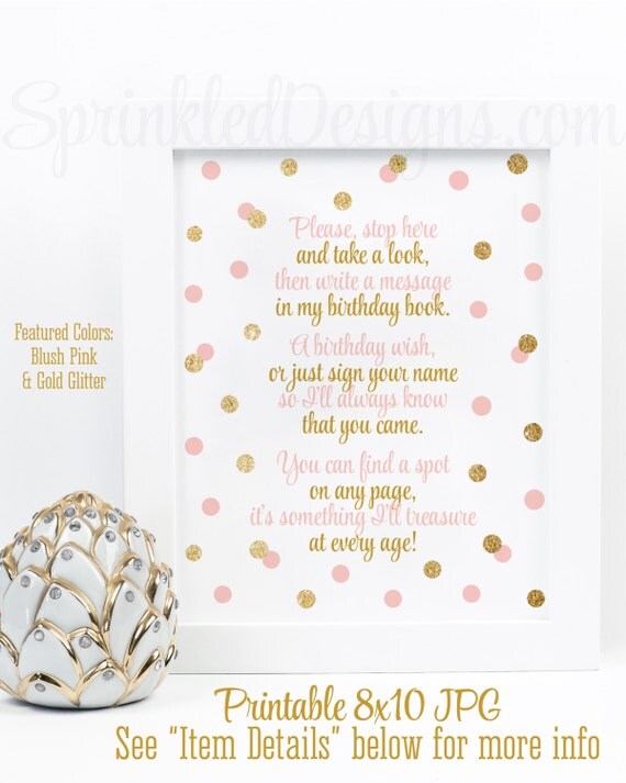 Pink Gold Birthday Guest Book Sign Printable Please Sign My