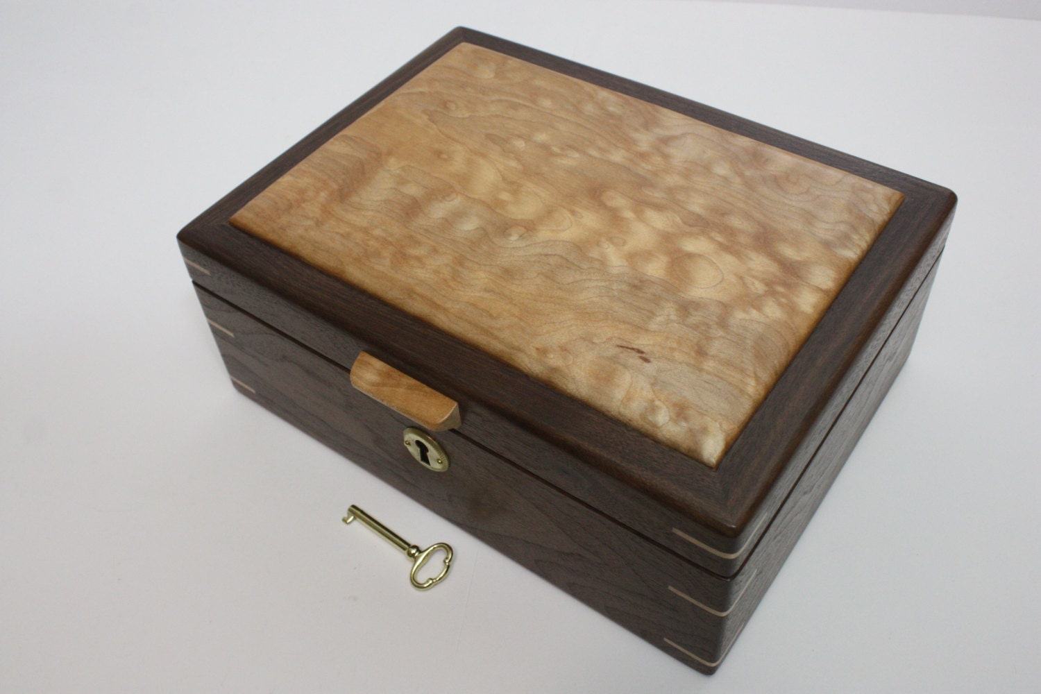Black Walnut Wood Box with Quilted Maple Lid. Locking Handmade