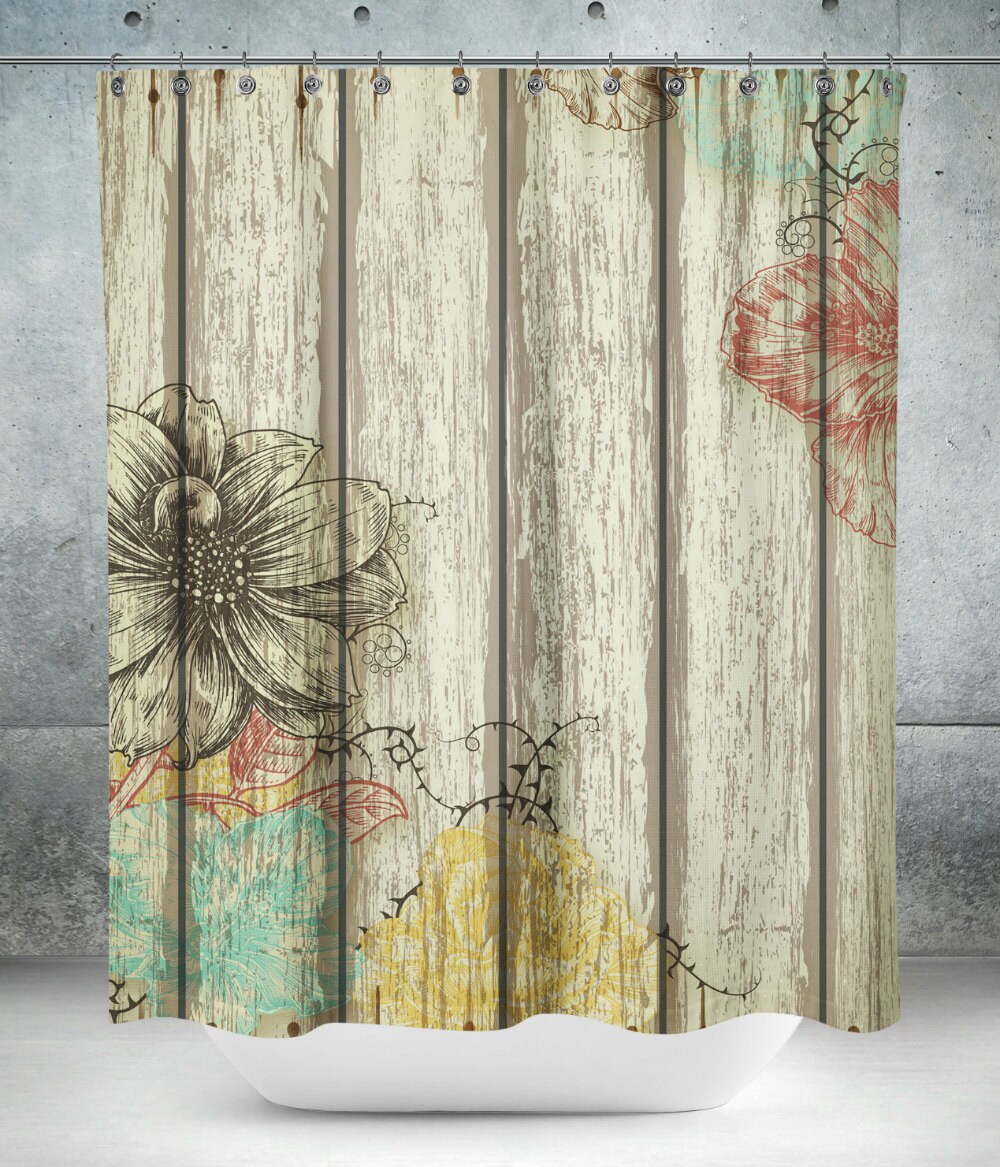 Shower Curtain Rustic Barn Wood Floral by FolkandFunky on Etsy