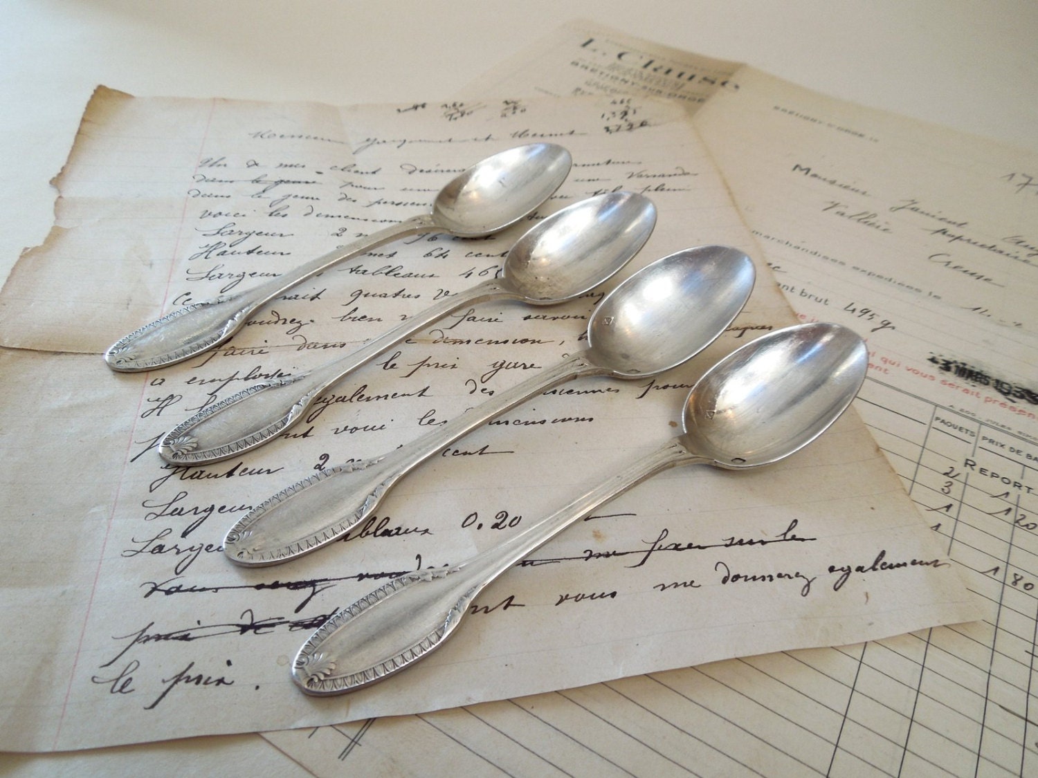 4 Antique dessert silver spoons, Monogrammed BC B C Initials, French ...