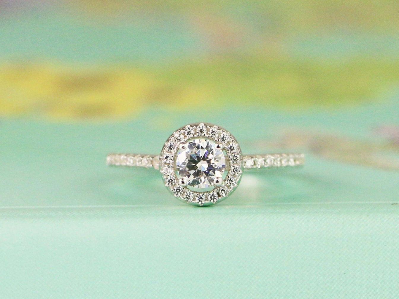 Round Halo Ring Sterling Silver Ring Halo Engagement Ring
