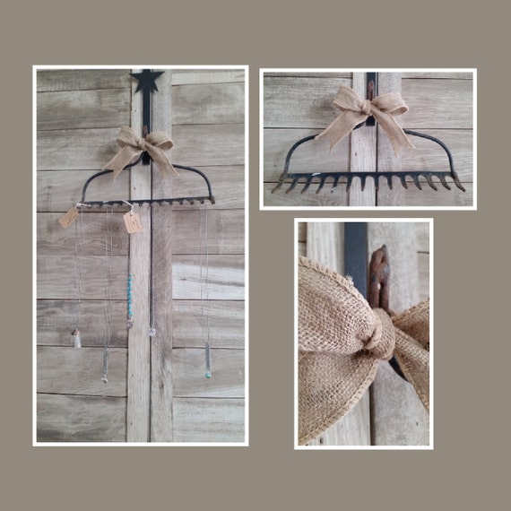 Black Metal Rustic Repurposed Rake Head. Jewelry tree yard
