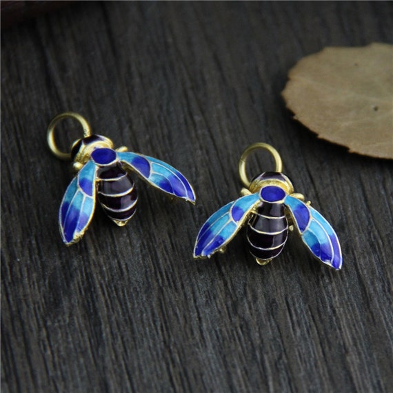 2 Sterling Silver Bee charms pendants with blue by MyMagicSilver