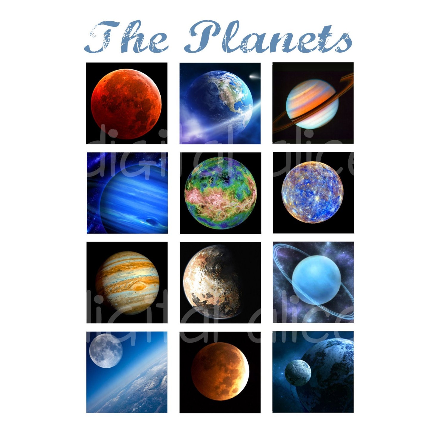 THE PLANETS digital collage sheet, planet star field, solar system ...