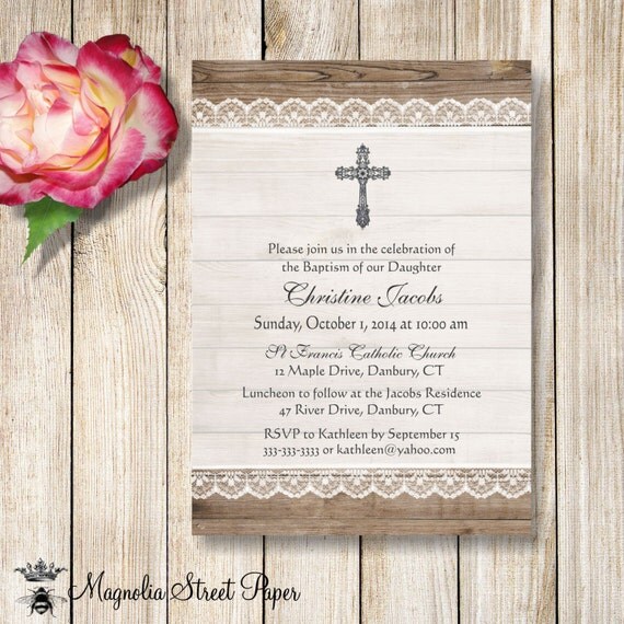 Rustic Baptism Invitation, Christening Invitation, Lace and Wood Invite ...