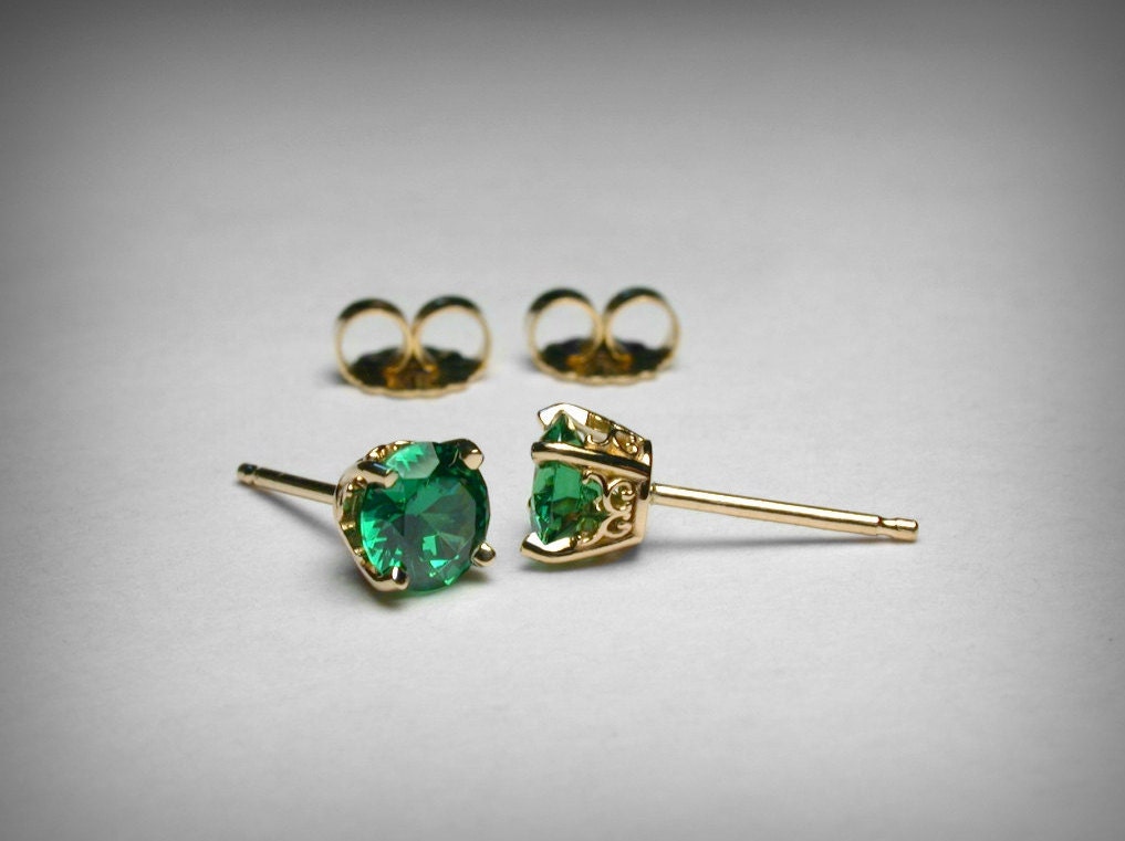 Simulated Emerald Earrings 14K Yellow Gold Green CZ