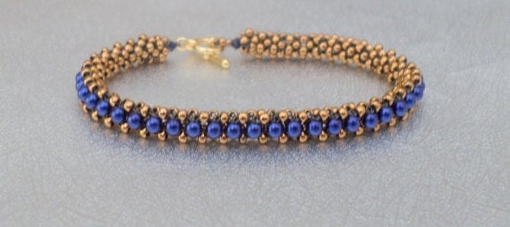 navy pearl bead bracelet beadwork bracelet seed bead jewelry