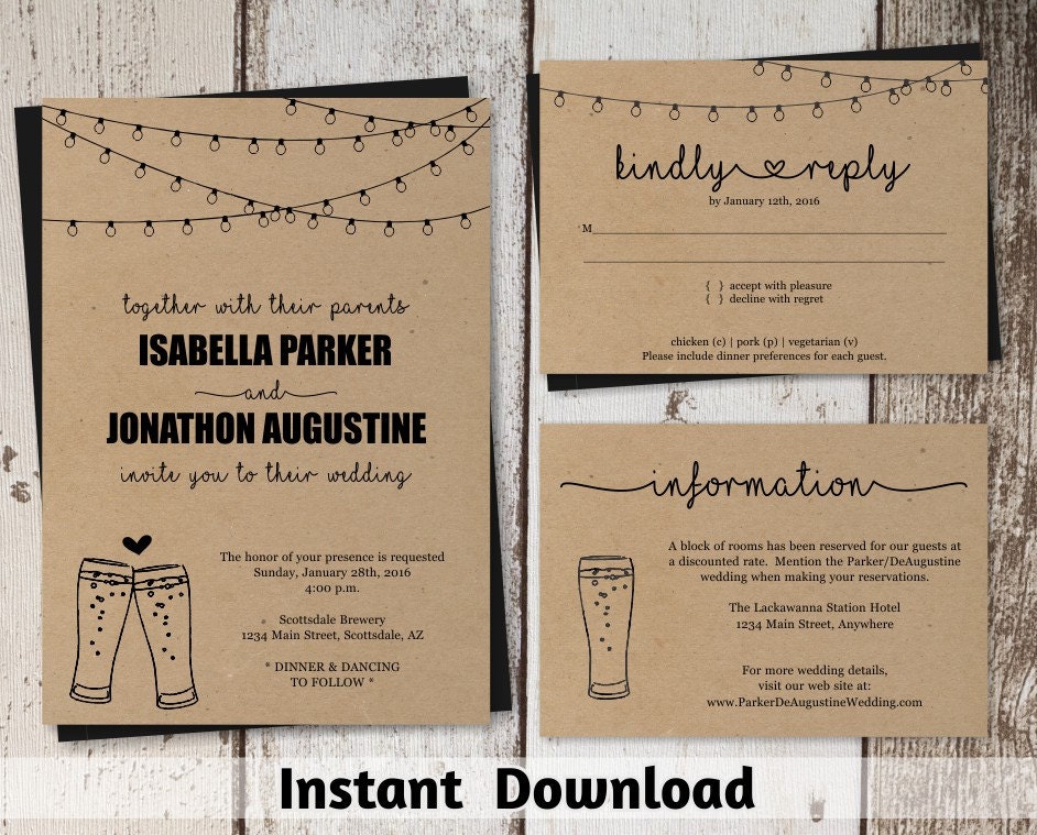 Brewery Wedding Invitation Template Rustic Beer Pint Glass