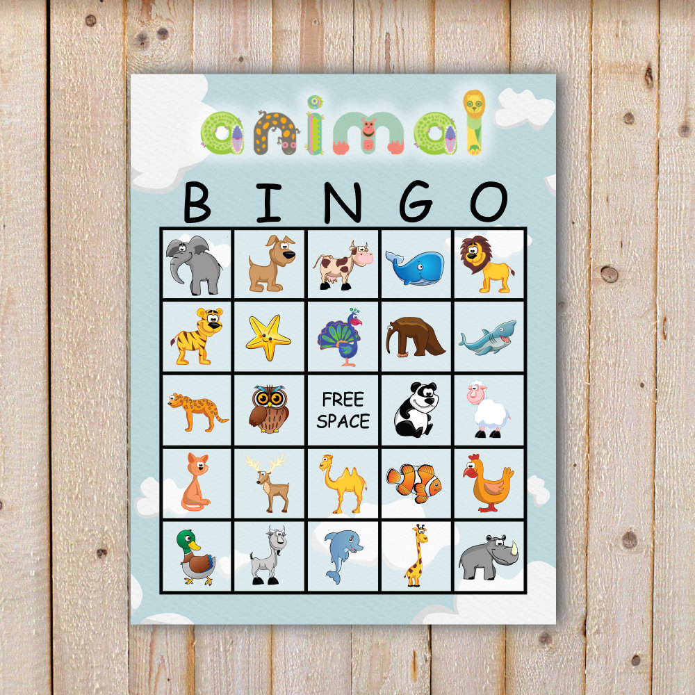 Animal Bingo Game with 20 unique Bingo cards and 45 large and
