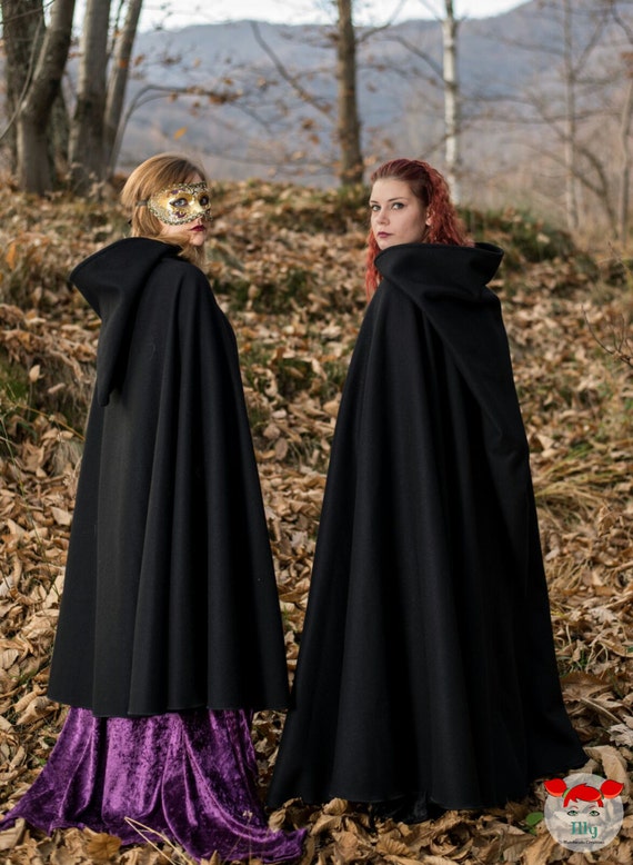 Black Wool Hooded Cloak Long Hood Cloaks by IllyHandmadeCreation