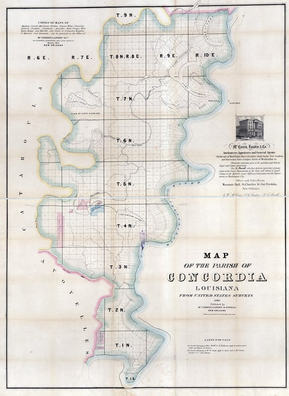 1860 Map of Concordia County Parish Louisiana
