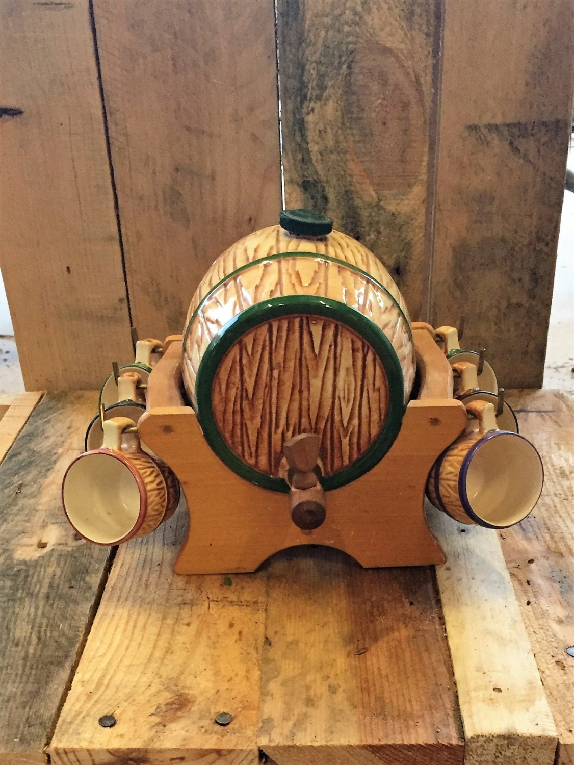 Vintage Ceramic Decanter Whiskey Barrel and Six 6 Shot