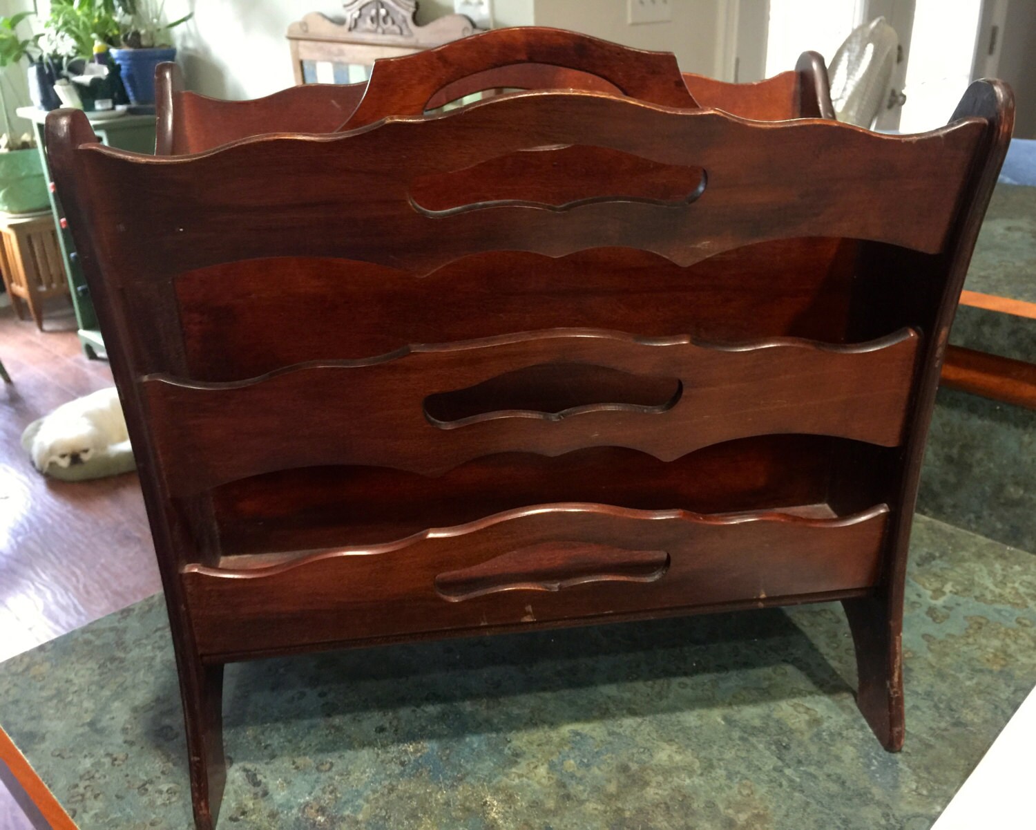 Vintage Wood Footed Two Sided Magazine Rack with Handle on Top