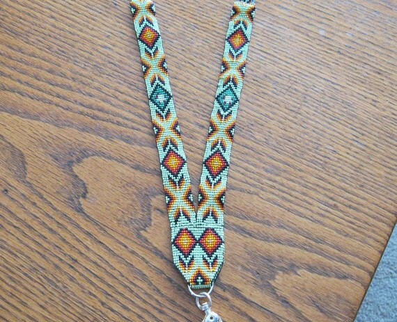 Beaded Lanyard in Green in Native American pattern by craftsbyCMK